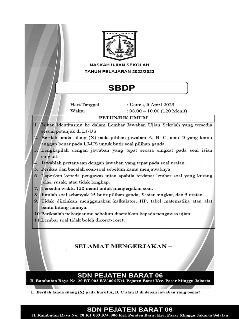 Soal Us SBDP Paket 1 2022-2023 | PDF