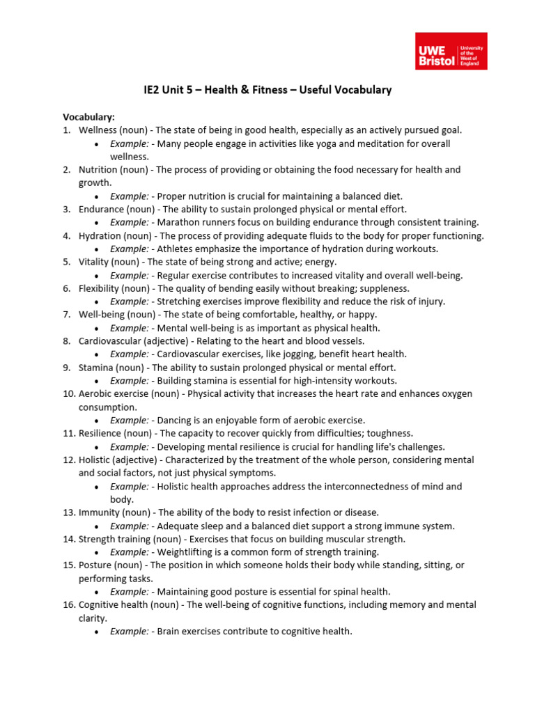 Health & Fitness Vocabulary Guide | PDF | Physical Fitness | Diet ...