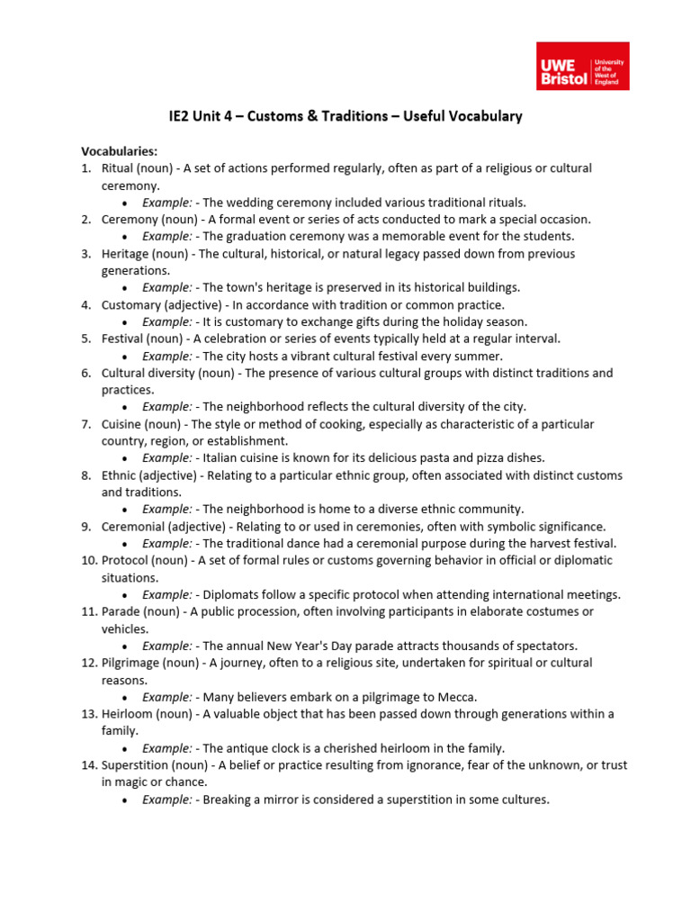 Vocabulary of Customs and Traditions | PDF | Traditions | Rituals