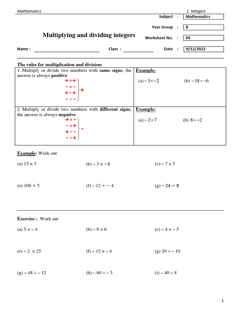 Multiplying and Dividing Integers | PDF | Multiplication | Mathematical ...