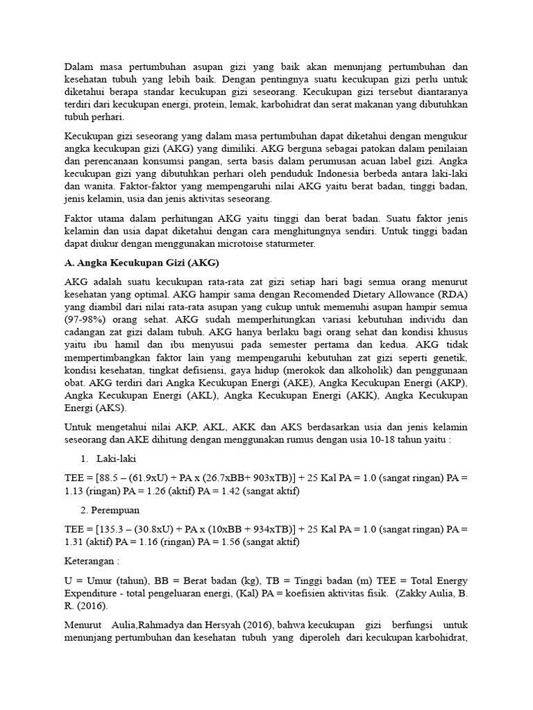 Angka Kecukupan Gizi (Akg) | PDF