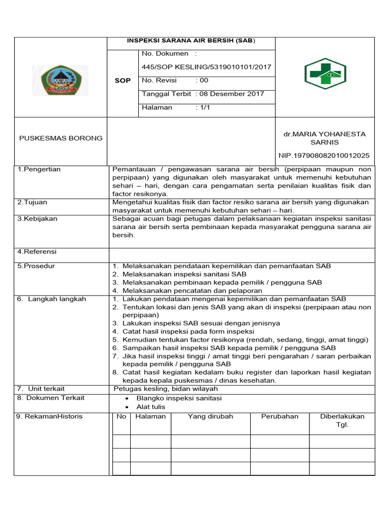 Sop Inspeksi Sanitasi Sarana Air Bersih Sab | PDF | Sains & Matematika