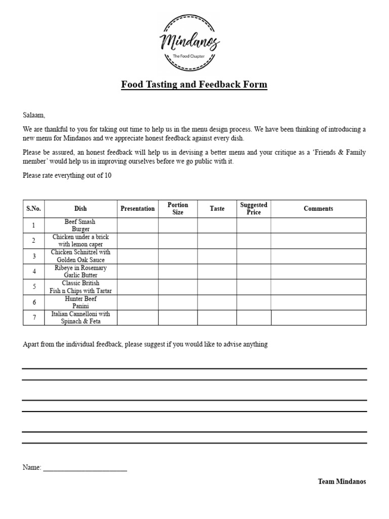 Food Tasting & Feedback Form | PDF