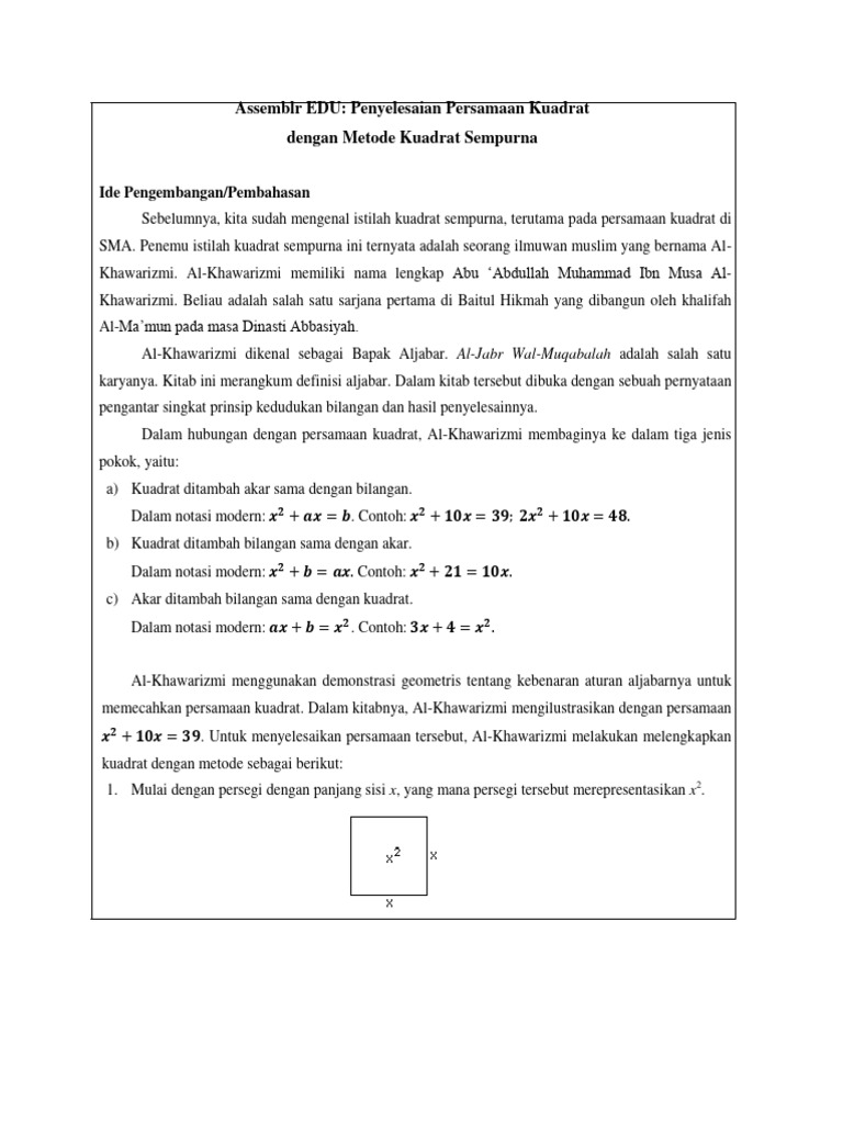 Metode Kuadrat Sempurna Al-Khawarizmi | PDF