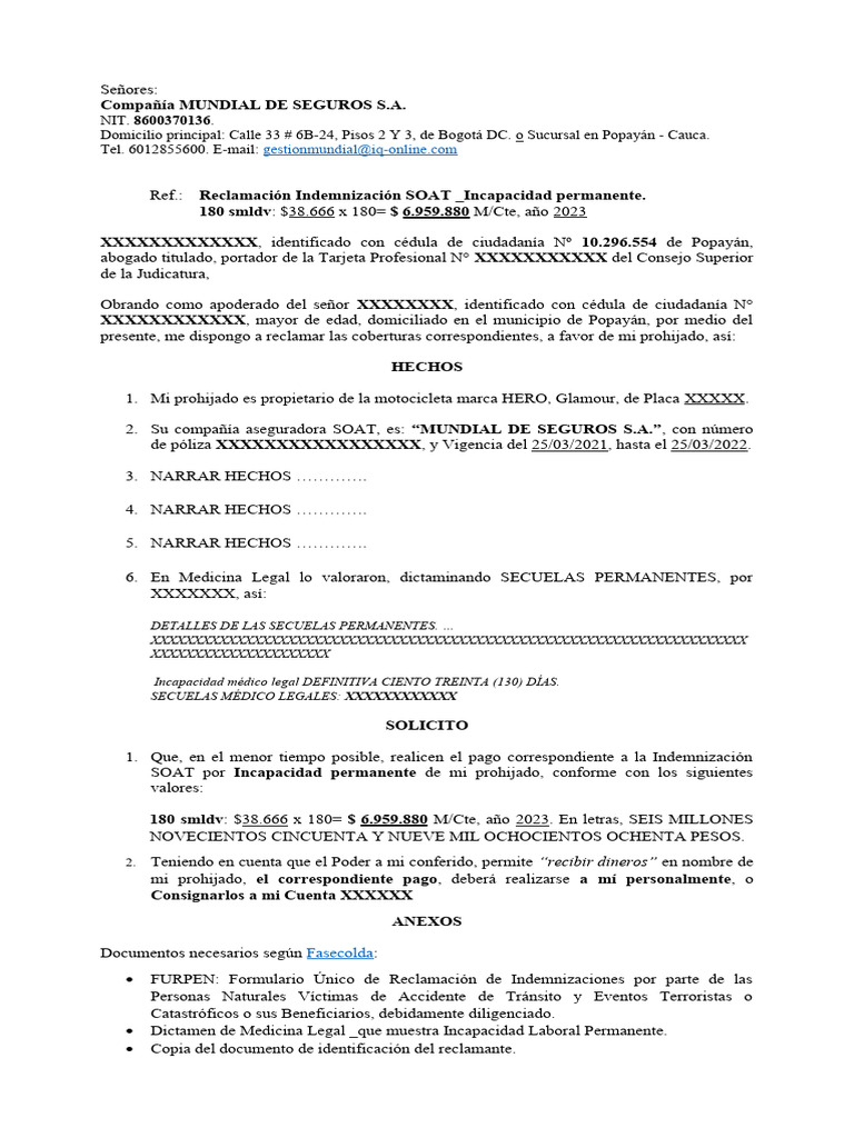 Modelo Reclamación Indemnización SOAT | PDF