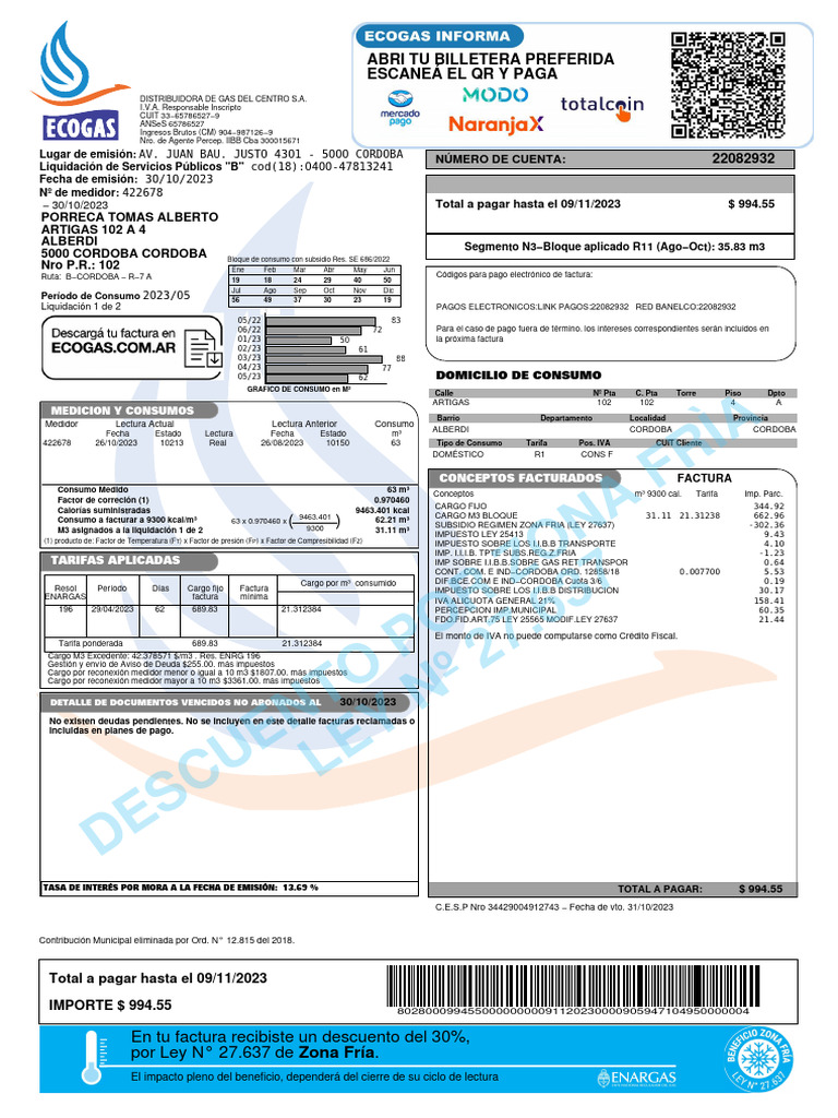 Factura Debito ECOGAS Nro 0400 47813241 000022082932 Cen | PDF ...