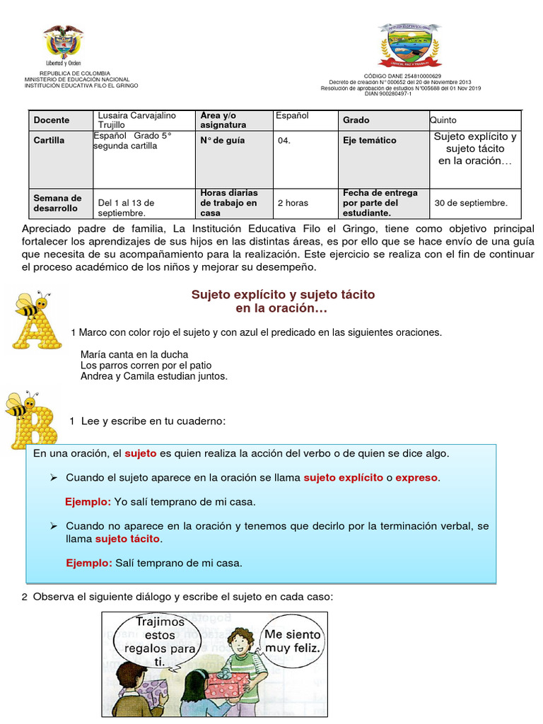 Sujeto Explícito y Sujeto Tácito en La Oración | PDF | Asunto (gramática) | Verbo