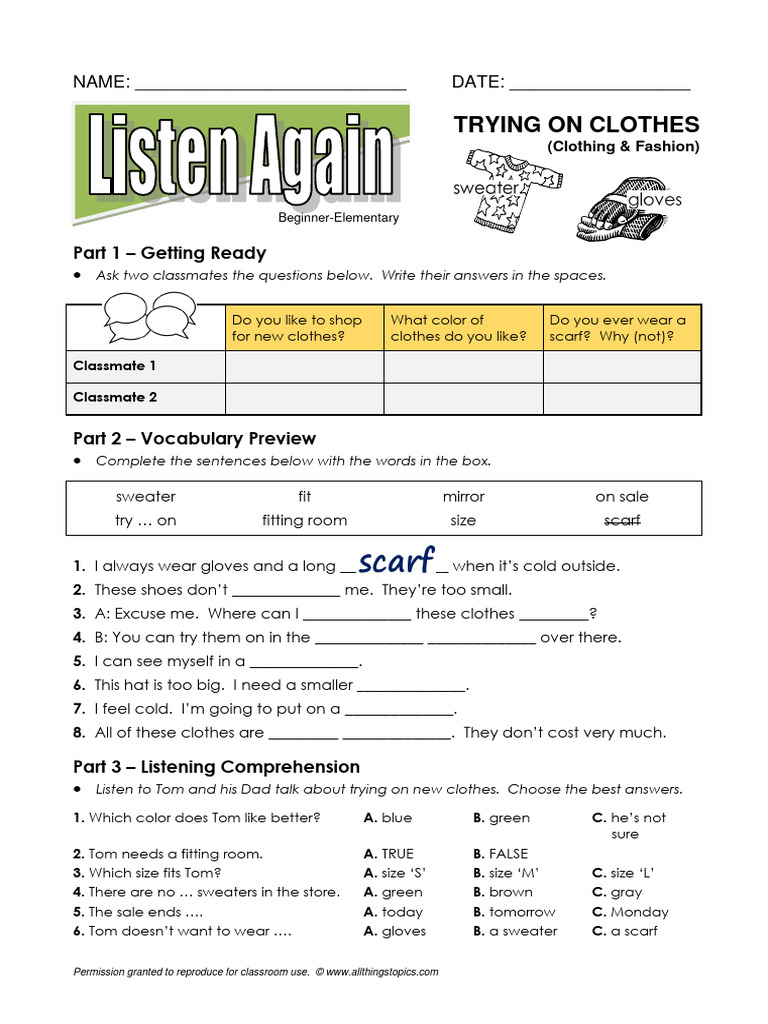 Clothing Vocabulary & Listening Practice | PDF