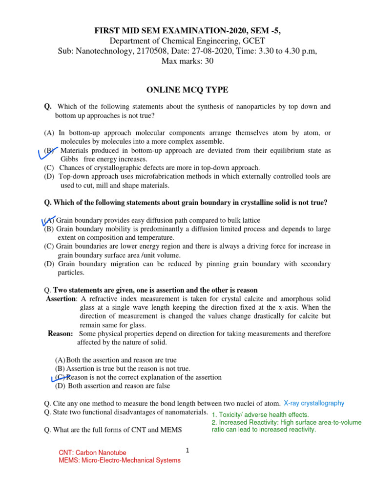 Nanotechnology - Final - 1st Mid Sem - August 2020 | PDF | Carbon Nanotube | Top Down And Bottom ...