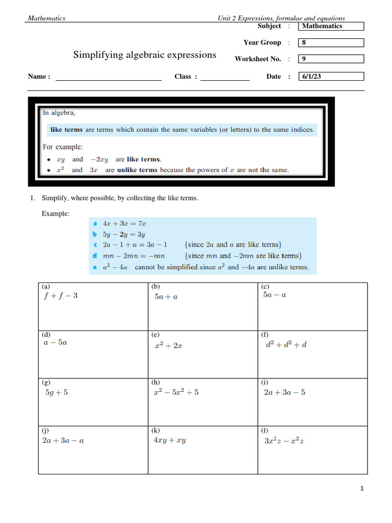 Simplifying Algebraic Expressions | PDF | Algebra | Mathematics