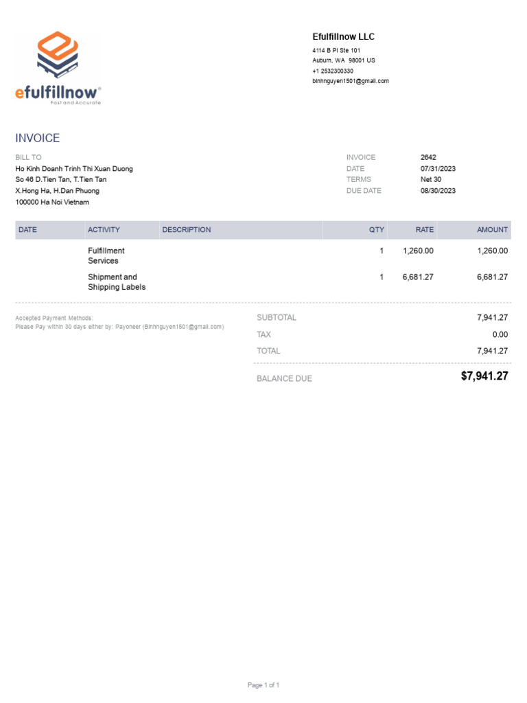 Invoice for Fulfillment Services - $7,941.27 | PDF