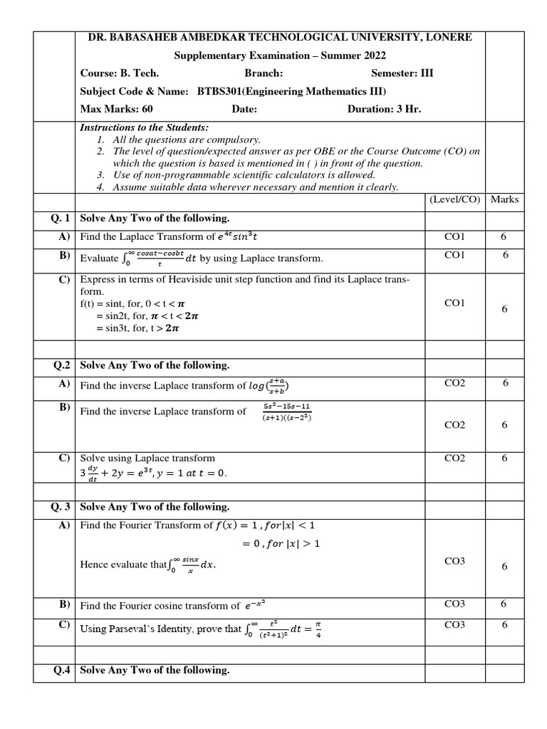 DBATU Engineering Mathematics III Exam | PDF | Laplace Transform ...