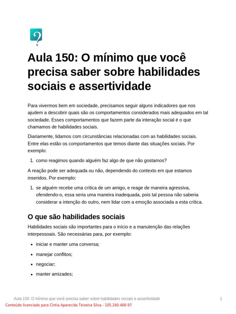 Aula 150 O Mnimo Que Voc Precisa Saber Sobre Habilidades Sociais e Assertividade | PDF ...