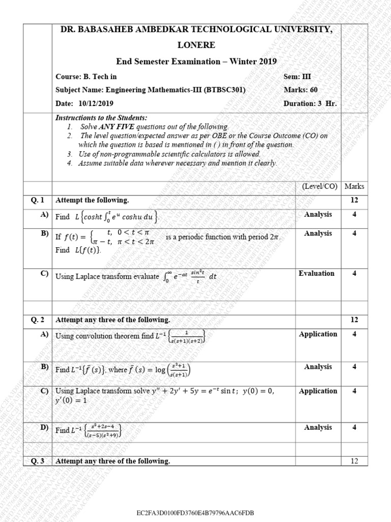 Engineering Math-III Exam 2019 | PDF