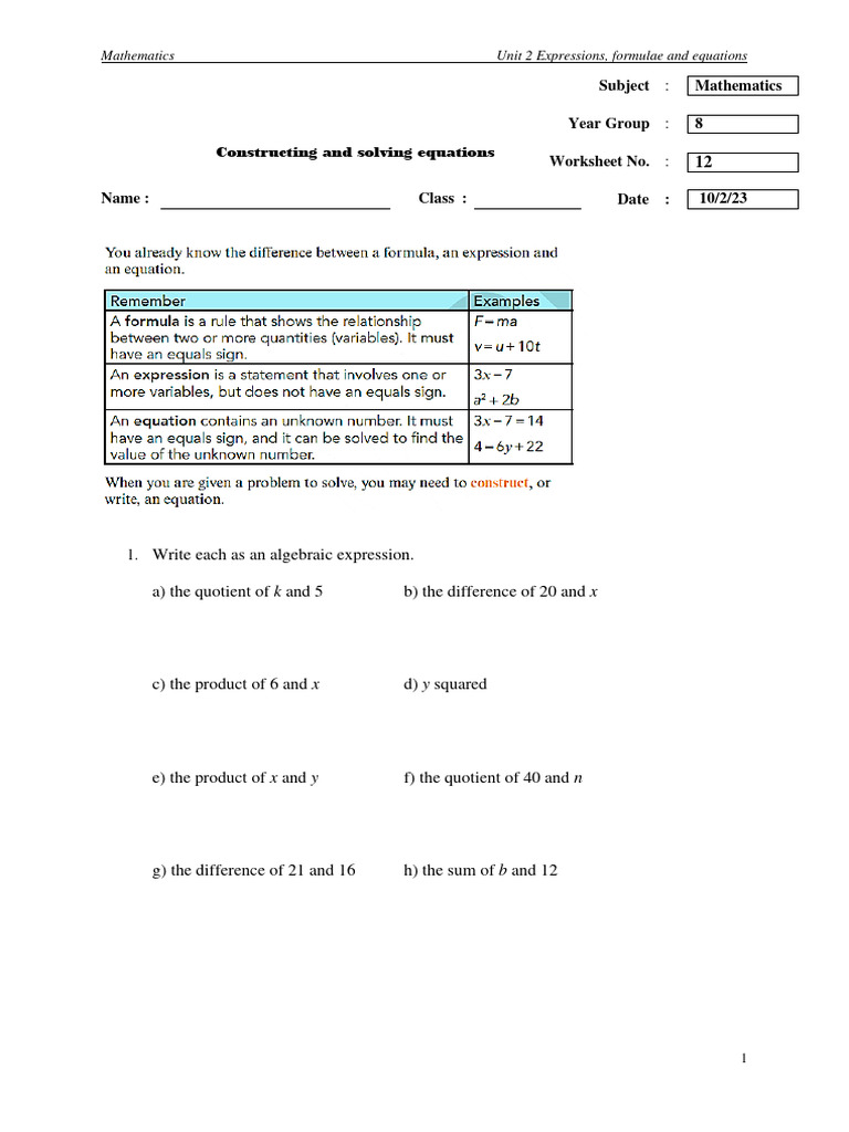 Constructing and Solving Equations | PDF | Equations | Mathematics