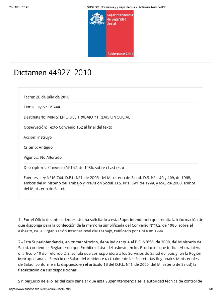 SUSESO - Normativa y Jurisprudencia - Dictamen 44927-2010 | PDF ...