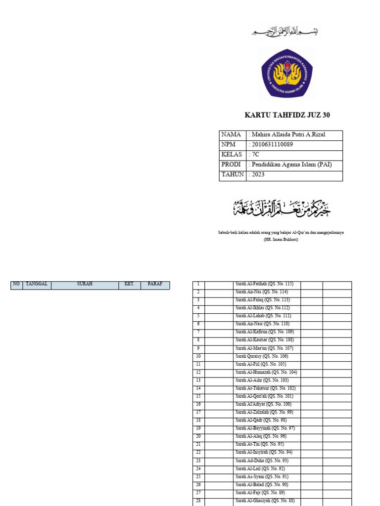Kartu Tahfidz (Edit) - 1 | PDF