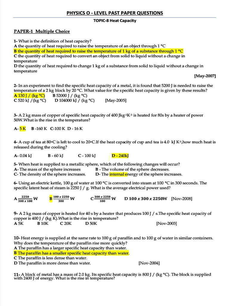 PDF Level Past Paper Questions Hysics o P Topic 8 Heat Capacity Paper 1 ...