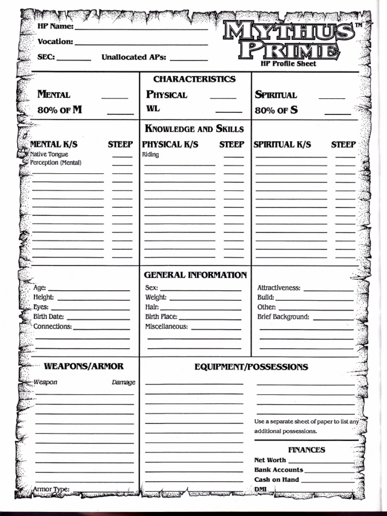 Mythus Prime Sheet | PDF