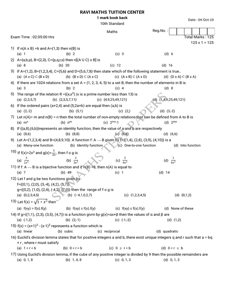 Namma Kalvi WM 10th Book Back 1 Mark 215600 | PDF | Function ...