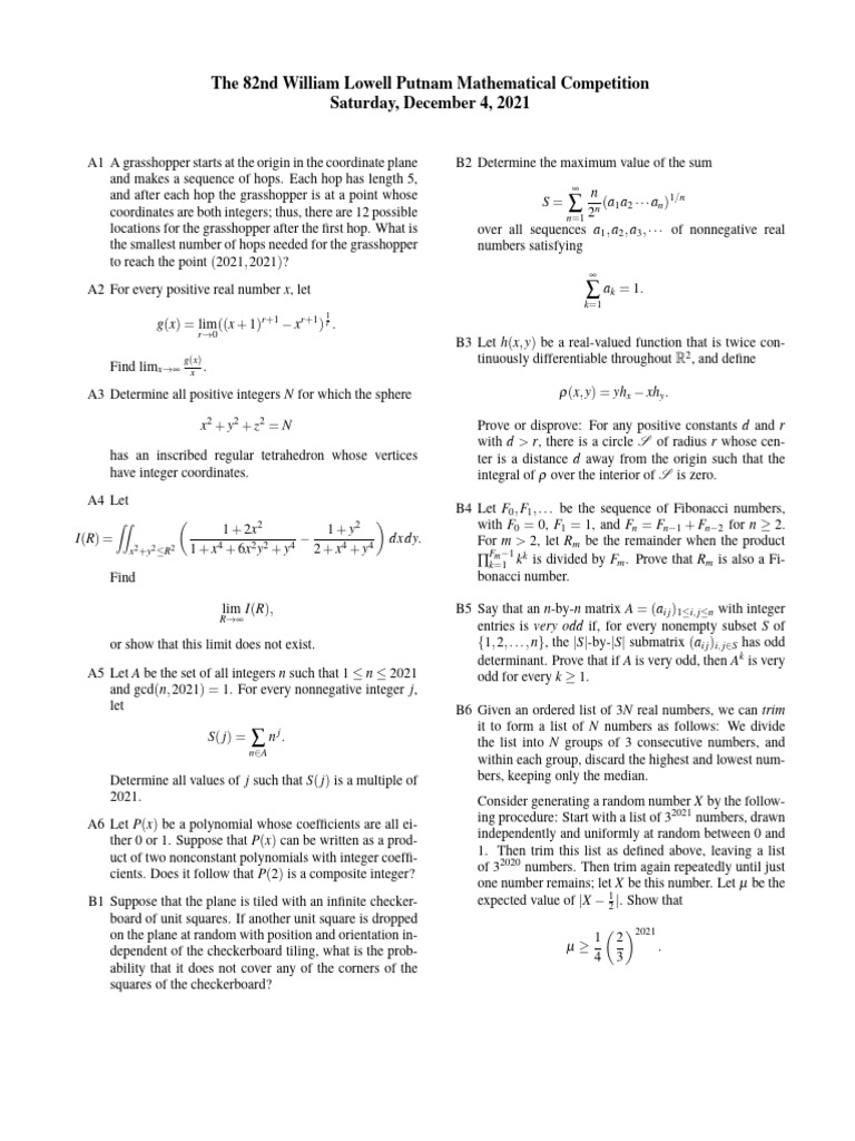 The 82nd William Lowell Putnam Mathematical Competition Saturday ...