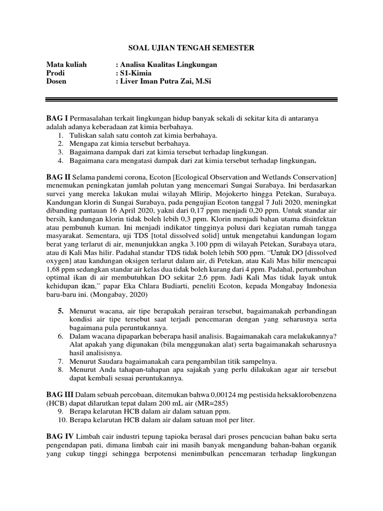 Soal Uts Kimia Lingkungan | PDF | Kesehatan Holistik | Sains & Matematika