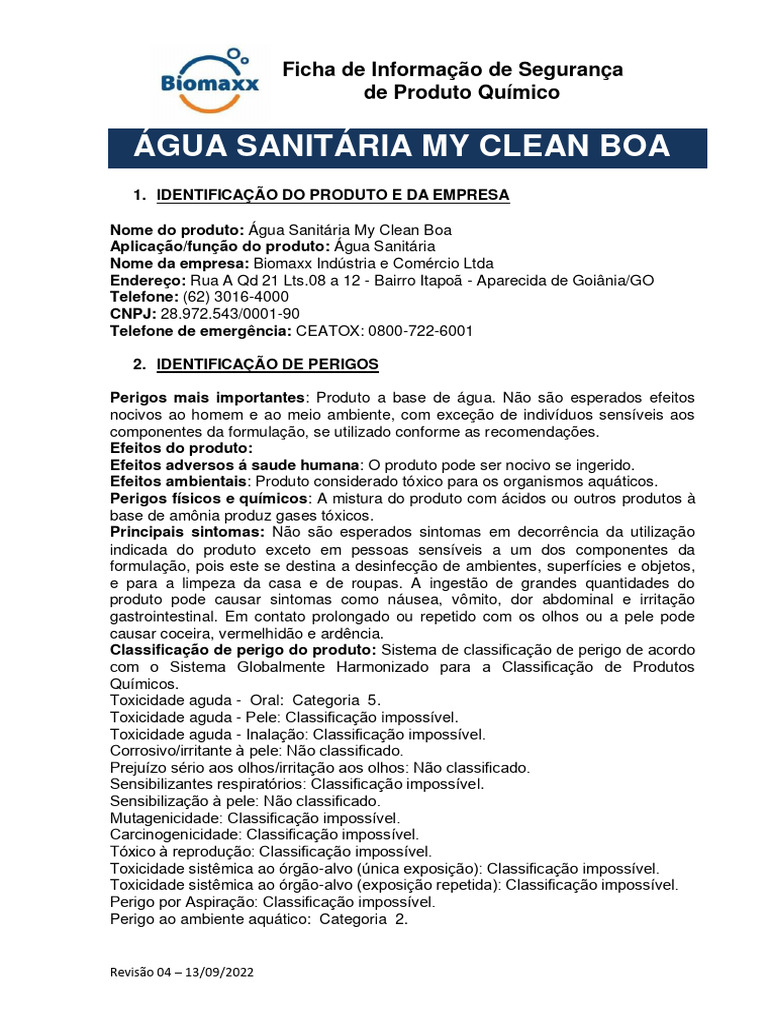 FISPQ Água Sanitária My Clean Boa | PDF | Toxicidade | Ciências Físicas
