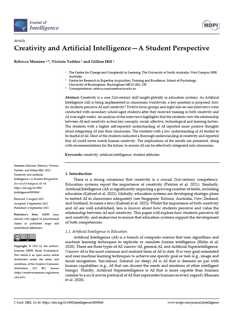 Creativity and Artificial Intelligence-A Student P | PDF | Creativity | Intelligence (AI ...