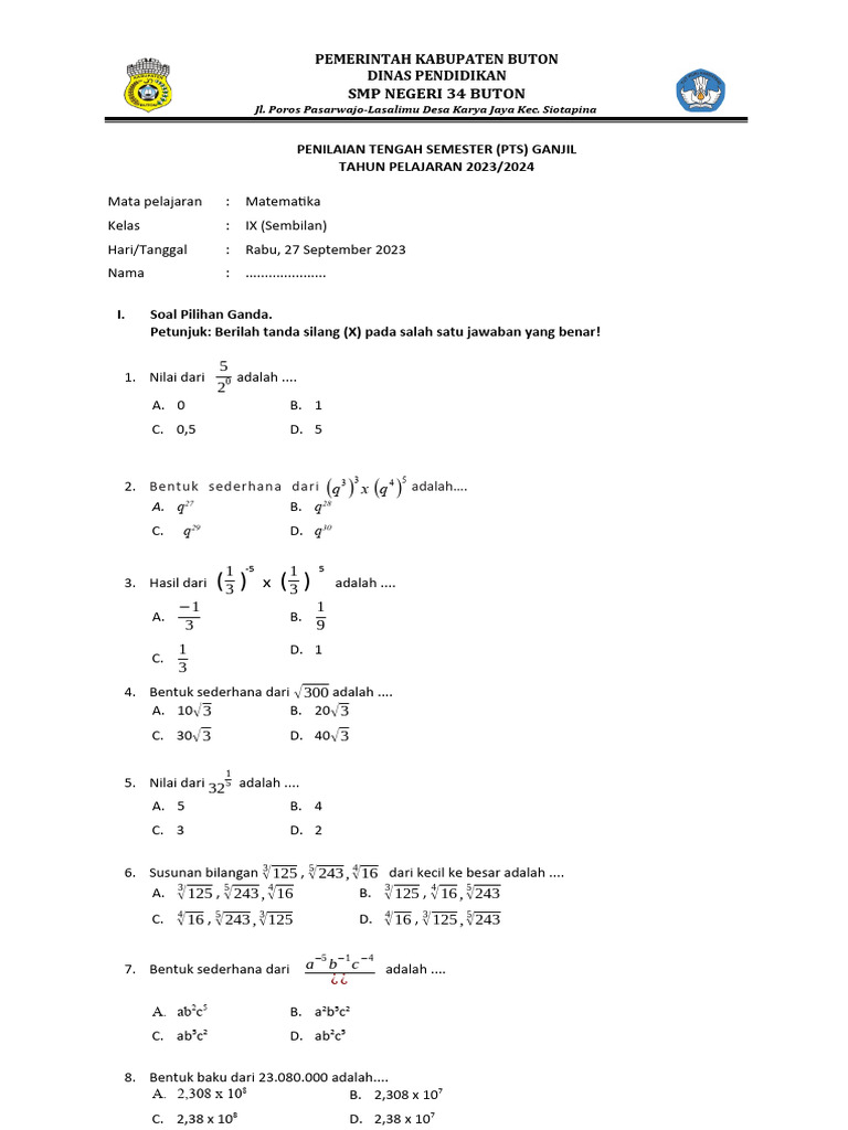 SOAL PTS Kelas Ix Ganjil 2023-2024 | PDF