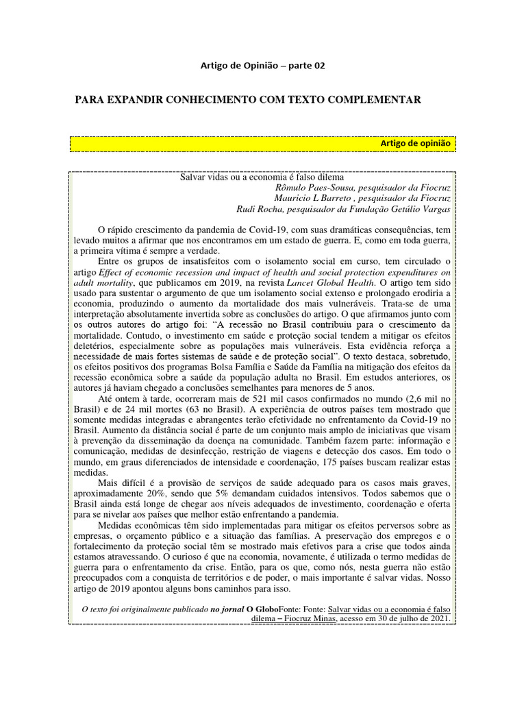 Artigo de Opinião Unidade 1 Parte 2 | PDF | Economia | Brasil