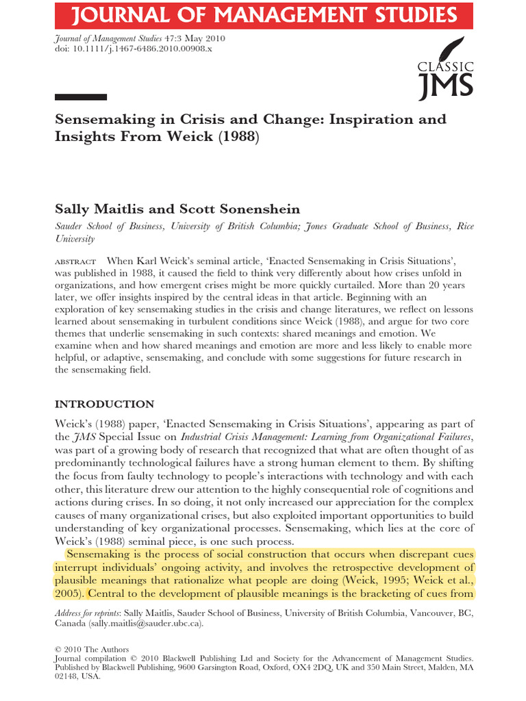 Sensemaking in Crisis and Change Insights | PDF | Identity (Social ...