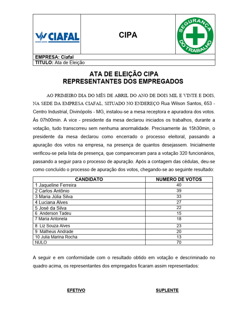 Ata de Eleição Da Cipa | PDF | Eleições | Votação