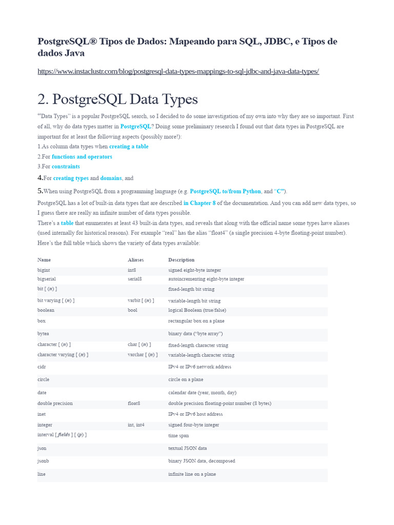 Tipos de Dados Postgres para Java | PDF | Boolean Data Type | Postgre Sql