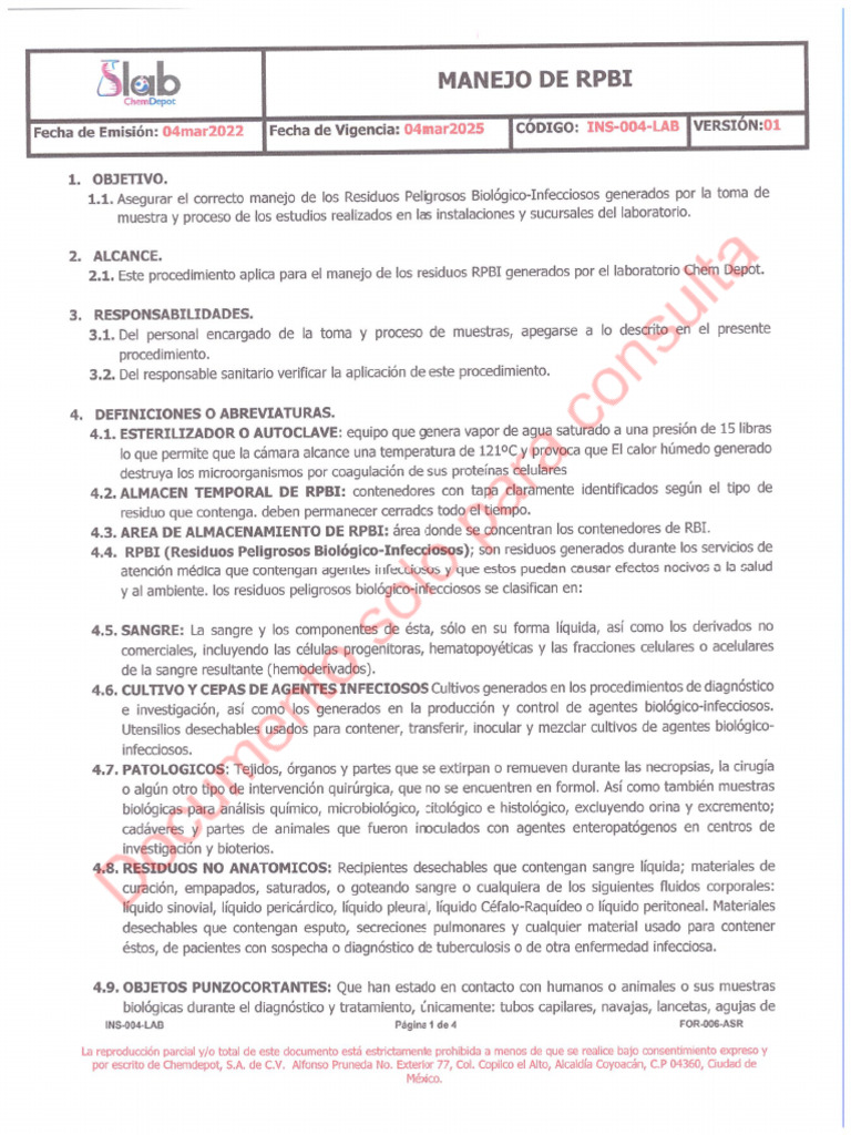 INS-004-LAB V.01 Manejo de RPBI | PDF