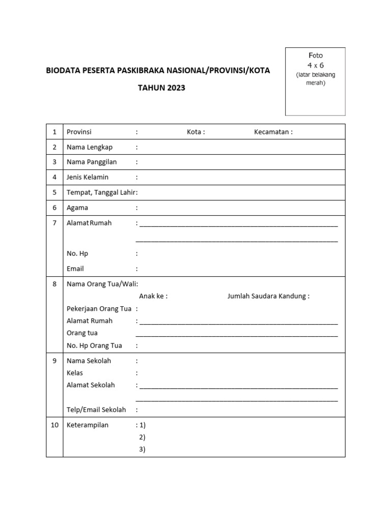 Biodata Peserta Paskibraka Nasional 2023 | PDF