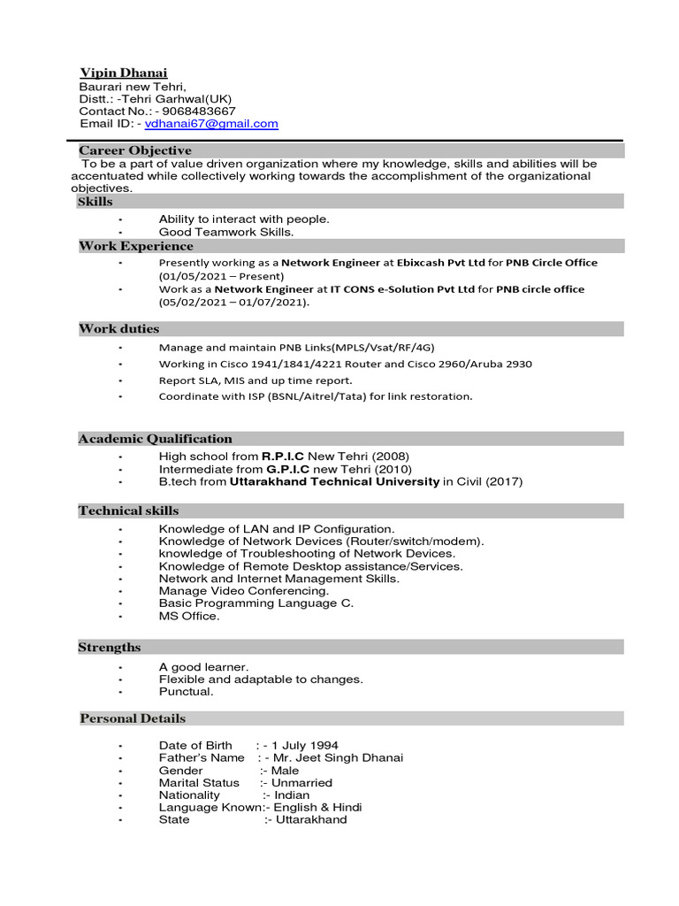 Vipin Resume Latest Pdf