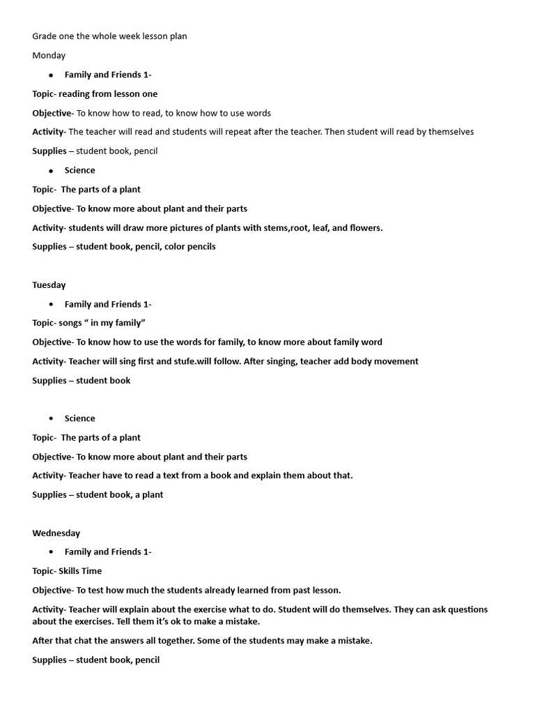 g1 The Whole Week Lesson Plan | PDF | Cognitive Science | Behavior Modification