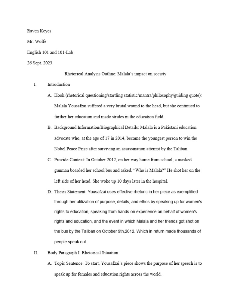 Rhetorical Analysis - Outline | PDF | Malala Yousafzai | Rhetoric