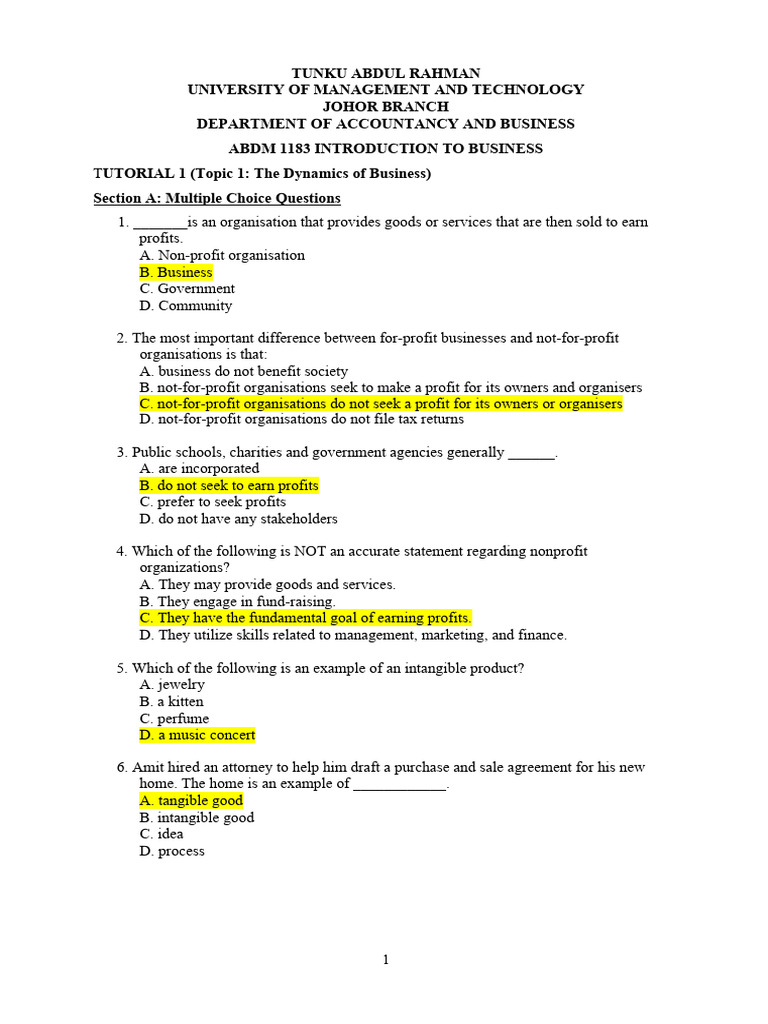 Tutorial 1 The Dynamics of Business | PDF | Partnership | Limited ...