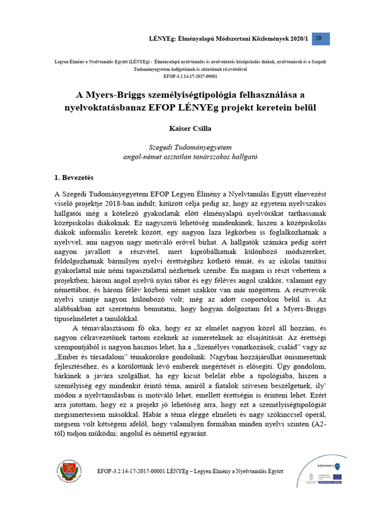 Modszertani Kozlemenyek 2020 Kaiser Mbti | PDF