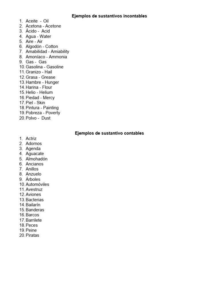 Ejemplos de Sustantivos Incontables | PDF