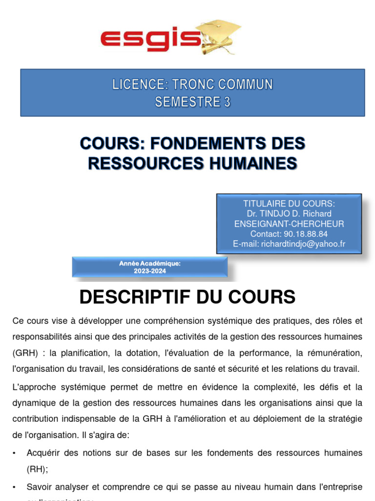 Cours Fondements Ressources Humaines-Licence-ESGIS-09.10.2023 | PDF | Gestion des ressources ...