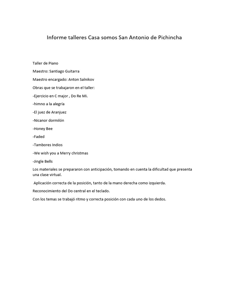 Informe Talleres Casa Somos San Antonio de Pichincha | PDF