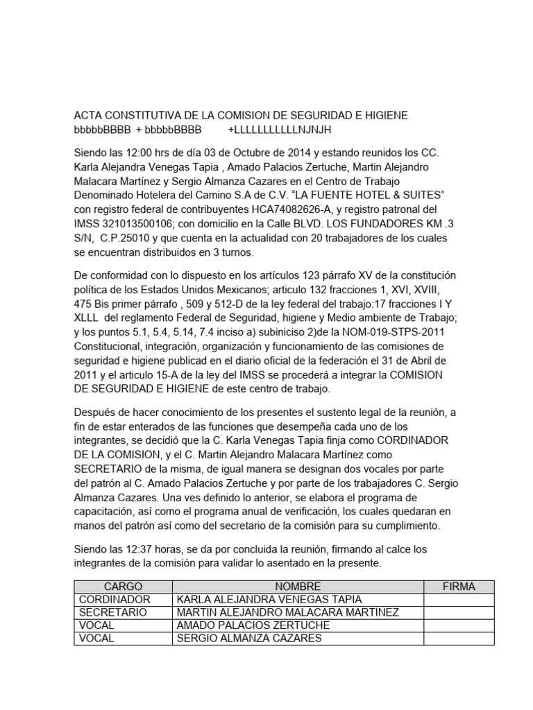 Acta Constitutiva de La Comision de Seguridad e Higiene | PDF | Gobierno