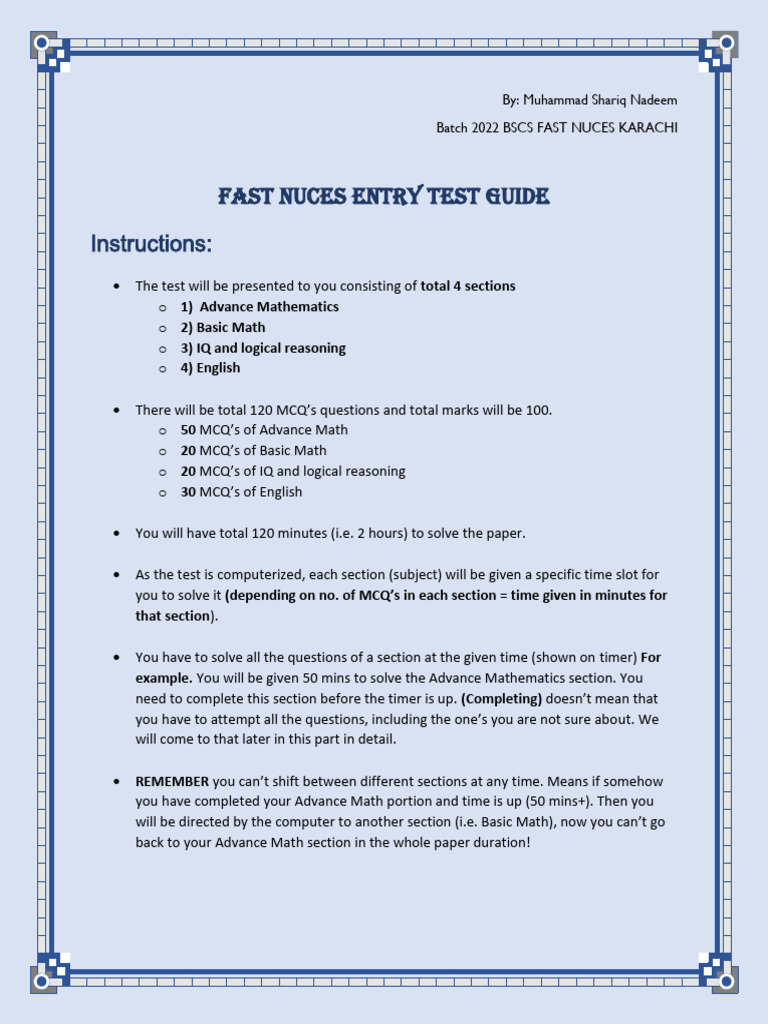 Fast Nuces Entry Test Materials | PDF | Multiple Choice | Mathematics
