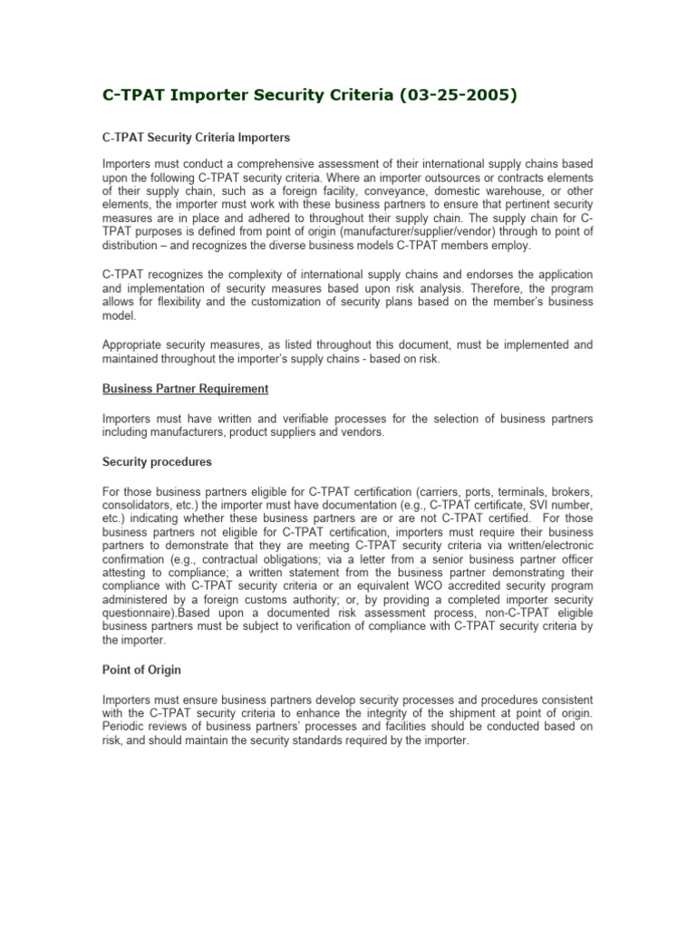 C-TPAT Security Criteria Importers | PDF | Physical Security | Identity Document