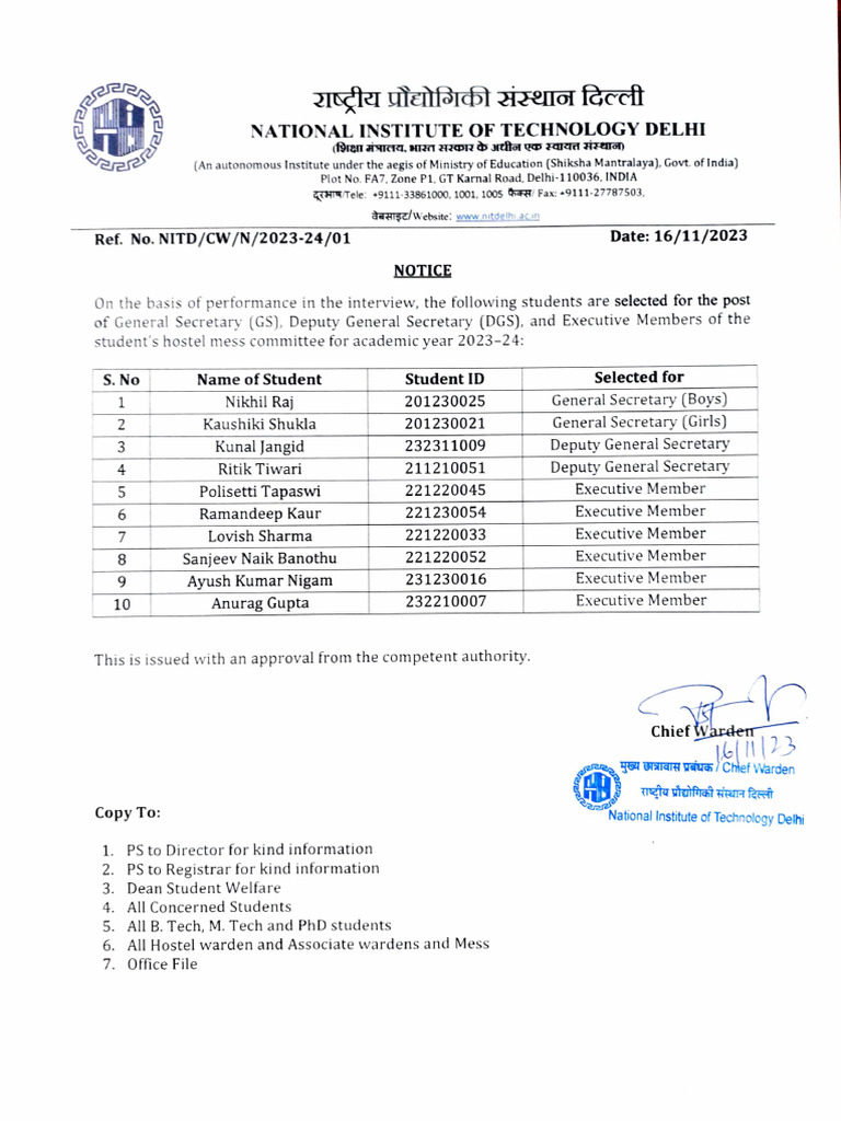 Notice - Hostel Mess Committee 2023-24 | PDF