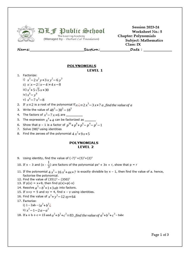 Worksheet. Polynomials 23-24 | PDF | Factorization | Polynomial