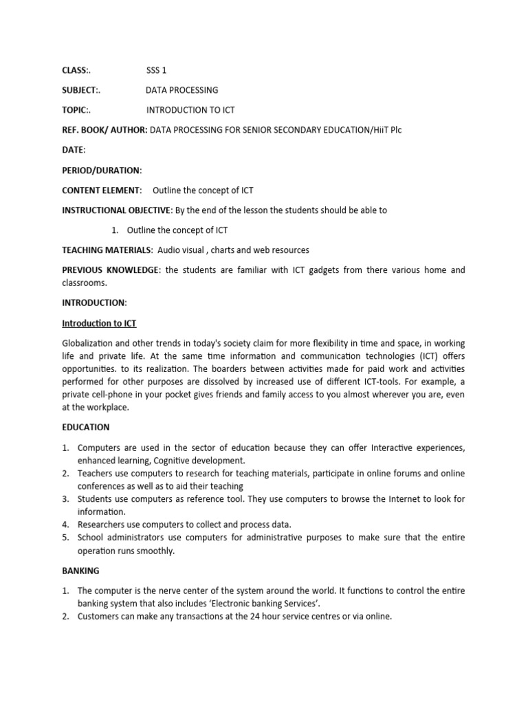 Lesson Note Senior Secondary School 1 | PDF | Relational Database ...