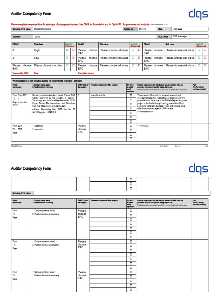 CF62 - Auditor Competency Form I-K | PDF | Risk | Iso 9000